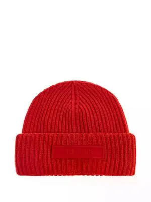 Moncler Ribbed Beanie With Logo Plaque - Red