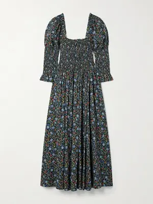 DÔEN Bijou" Shirred Floral-print Organic Cotton-voile Midi Dress - Multi