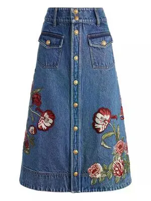 Alice + Olivia Dahlia Floral-embroidered A-line Denim Midi Skirt - Blue