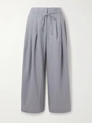 DEIJI STUDIOS Belted Pleated Striped Wool Straight-leg Trousers - Gray