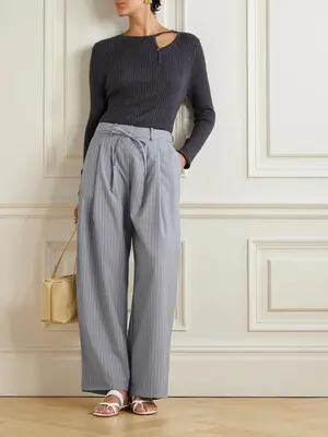 DEIJI STUDIOS Belted Pleated Striped Wool Straight-leg Trousers