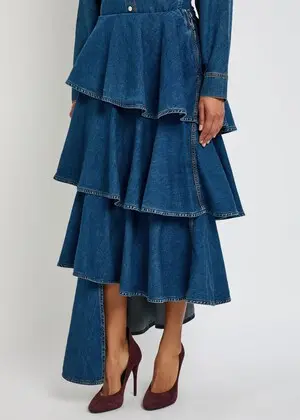 Alaïa Spiral Asymmetric Tiered Denim Midi Skirt