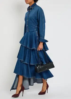 Alaïa Spiral Asymmetric Tiered Denim Midi Skirt