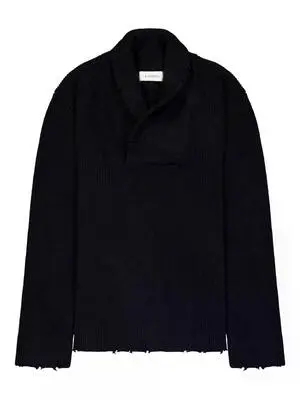 LANEUS Shawl Collar Frayed Knit Sweater - Blue