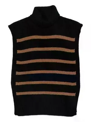 DAVANTINO Striped Wool Turtleneck Sleeveless Sweater - Black