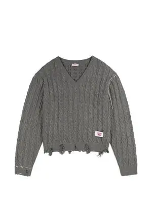 CHARLES JEFFREY Lambswool Blend Cable Knit V-neck Sweater