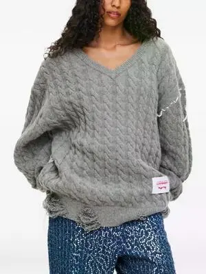 CHARLES JEFFREY Lambswool Blend Cable Knit V-neck Sweater