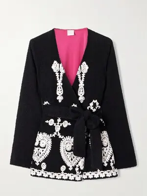 Loretta Caponi Elbaite Belted Embroidered Wool-blend Bouclé Jacket - Black