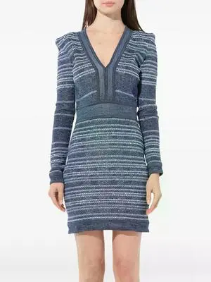 Balmain Fitted Long Sleeve V-neck Dress - Blue