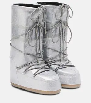 Moon Boot Icon Glitter Knee-high Lace-up Boots - Silver