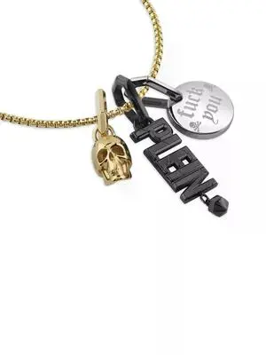 Philipp Plein Box Chain Pendant Necklace With Skull Charm And Engraved Plaque
