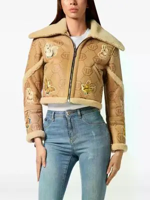 Philipp Plein Shearling Monogram Embroidered Jacket