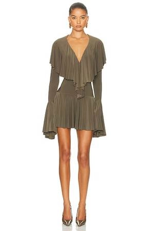 Norma Kamali Long Sleeve Deep V Ruffle Mini Dress - Bark