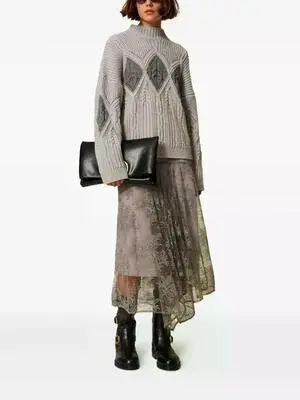 TWINSET Cable Knit Intarsia High Neck Jumper - Grey