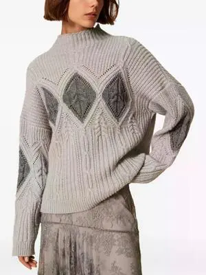 TWINSET Cable Knit Intarsia High Neck Jumper - Grey