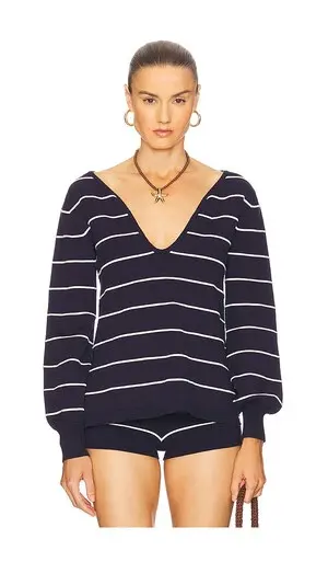 SEVEN WONDERS Striped V-neck Knit Top - Navy