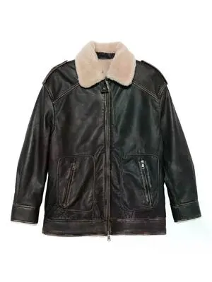 ERALDO Shearling Collar Leather Jacket - Brown