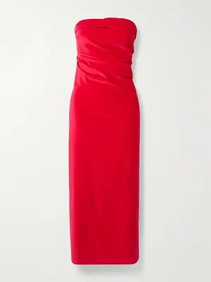 Tove Sabella Strapless Ruched Cotton-blend Velvet Midi Dress - Red