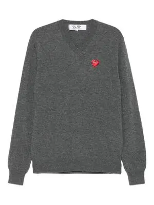 Play Comme Des Garcon V-neck Rhinestone Heart Emblem Sweater - Grey