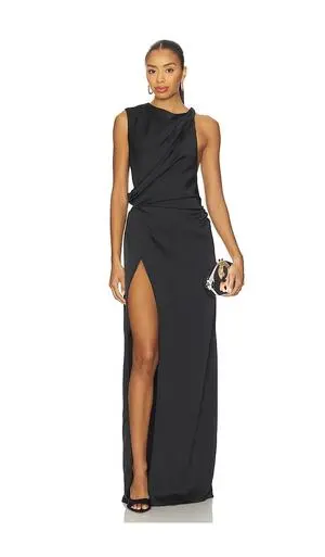 MAY MASHIAH Ciara Asymmetrical Sleeve Gathered Waist Gown - Black