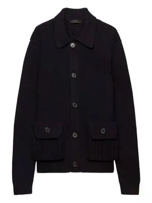 Prada Ribbed Knit Cardigan With Flap Pockets - Blue