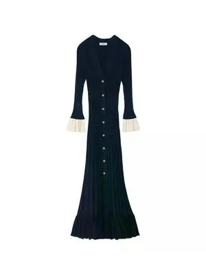 Sandro Two-tone Knit Midi Dress With Ruffled Accents - Blue