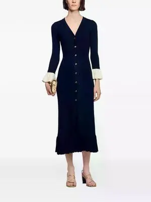 Sandro Two-tone Knit Midi Dress With Ruffled Accents - Blue