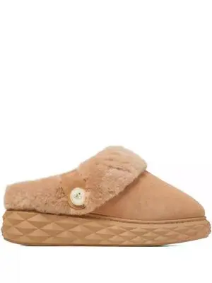 JIMMY CHOO Diamond Maxi Mules With Fur Trim - Neutrals