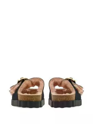 FERRAGAMO Gancini Buckle Suede And Shearling Trim Sandals