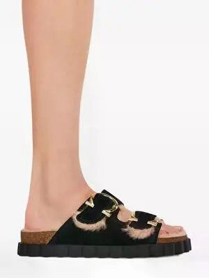 FERRAGAMO Gancini Buckle Suede And Shearling Trim Sandals