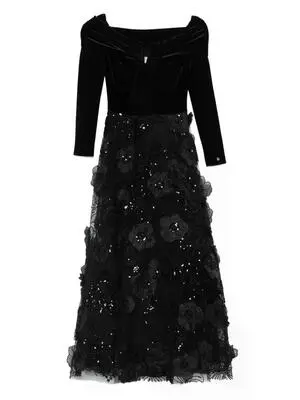 NISSA Off-shoulder Long-sleeve Dress With Floral Appliqué And Sequins - Black