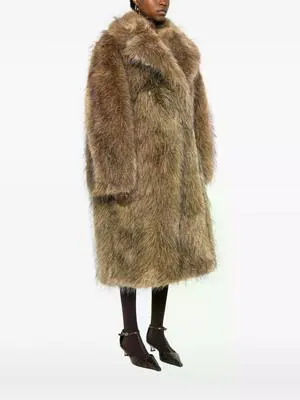 GANNI Mid-length Faux Fur Coat With Notched Lapels - Neutrals