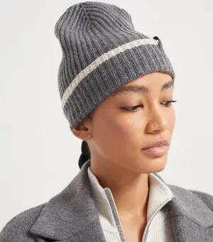 Brunello Cucinelli Cashmere English Rib Knit Beanie - Grey
