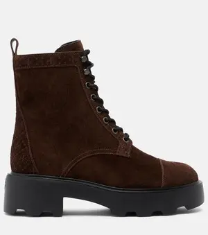 Tory Burch T Monogram Suede Combat Boots - Brown