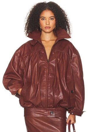 HELSA The Shirred Oversized Leather Jacket - Cognac