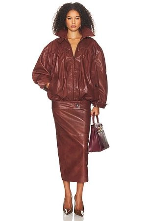 HELSA The Shirred Oversized Leather Jacket - Cognac