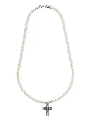 Emanuele Bicocchi Notre Dame Pearl Necklace With Cross Pendant - Silver