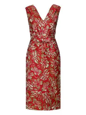 Prada Jacquard Hibiscus Motif Midi Dress - Red