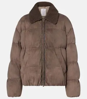 Brunello Cucinelli Suede Down Jacket With Shearling Trim - Brown
