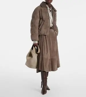 Brunello Cucinelli Suede Down Jacket With Shearling Trim