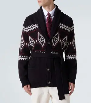 Brunello Cucinelli Jacquard Wool, Silk, And Cashmere Shawl Collar Cardigan