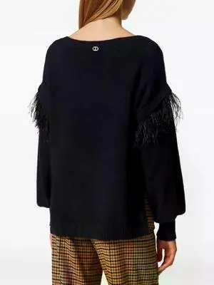 TWINSET Feather-trimmed Round Neck Sweater - Black