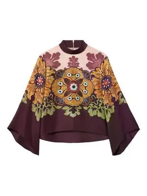 La DoubleJ Floral Print High Neck Long Sleeve Blouse - Red