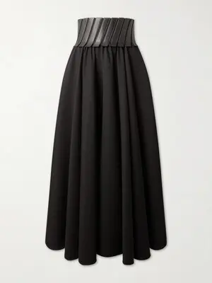 Alaïa Leather-trimmed Wool-gabardine Midi Skirt