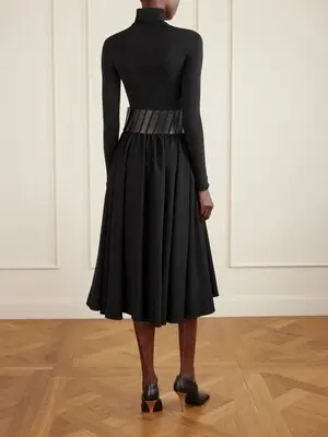 Alaïa Leather-trimmed Wool-gabardine Midi Skirt