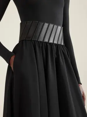 Alaïa Leather-trimmed Wool-gabardine Midi Skirt