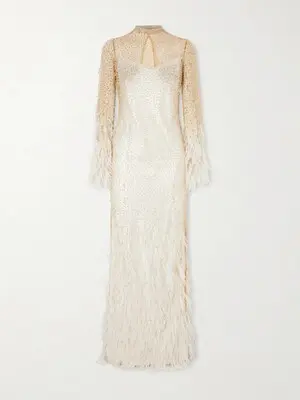 CLIO PEPPIATT Mia Embellished Feather-trimmed Tulle Gown - Neutrals