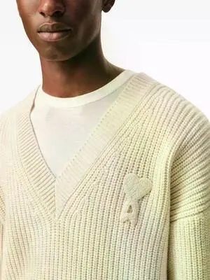 AMI Paris Ribbed Wool V-neck De Coeur Sweater