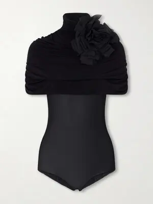 Magda Butrym Stretch-chiffon Bodysuit With Oversized Corsage - Black