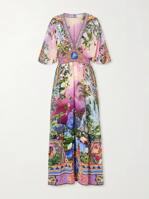 Camilla Embellished Tropical Print Silk Maxi Dress - Multi